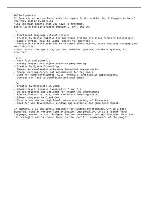 Simple Difference Between C C Plus Plus Csharp Computer Science