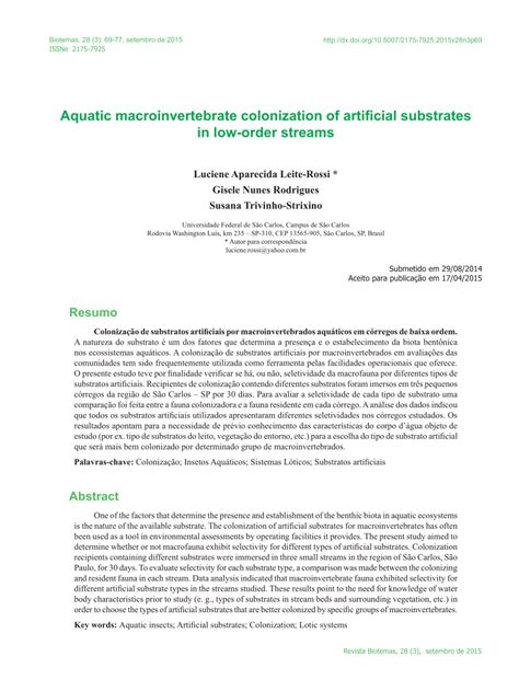 Pdf Aquatic Macroinvertebrate Colonization Of Artificial Substrates In Low Order Streams