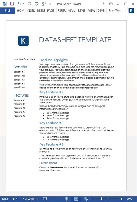 Datasheet Templates 2 X Ms Word