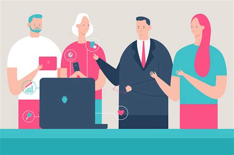 비즈니스 사람들이 노트북 테이블에 사무실에서 회사의 마케팅 전략을 논의 하 고 팀웍 벡터 만화 개념 그림입니다 개념에 대한 스톡