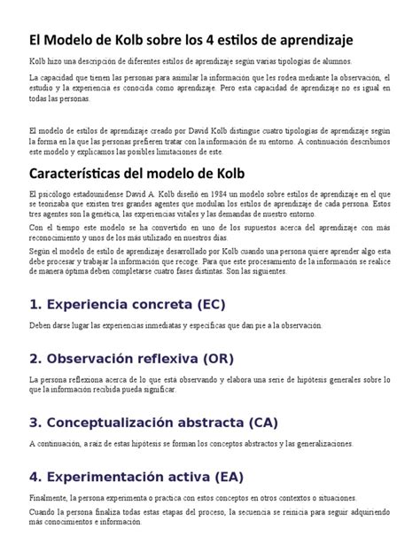 Estilos De Aprendizaje Según Kolb Pdf Aprendiendo Estilos Aprendizaje