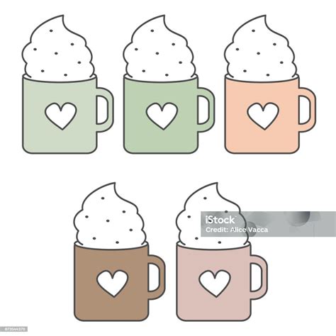 귀여운 사랑 스러운 만화 벡터 마음으로 아늑한 컵의 설정 및 휘 핑 크림 가을에 대한 스톡 벡터 아트 및 기타 이미지 가을 개체 그룹 거품 내기 Istock