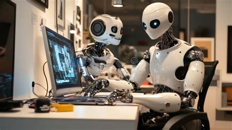 Two Humanoid Robots Collaborating At A Modern Workstation Together
