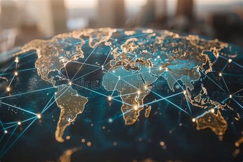 Global Network World Map With Connections Global Business Technology Communication Concept