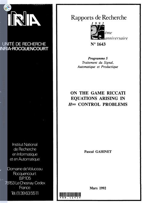 Pdf On The Game Riccati Equations Arising In H∞ Control Problems