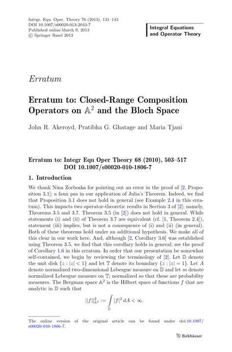 Pdf Erratum To Closed Range Composition Operators On Mathbb A 2 And The Bloch Space