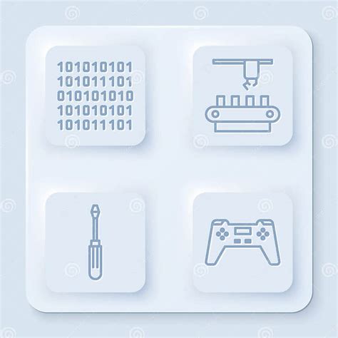 Set Line Binary Code Factory Conveyor System Belt Screwdriver And Gamepad White Square Button