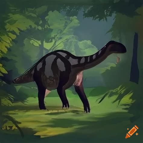 Hadrosaurus Dinosaur With African Civet Color Pattern In Shadowy Forest