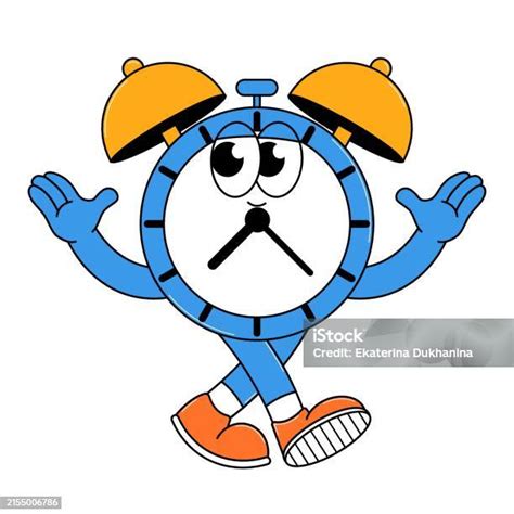 학교 복고풍 캐릭터로 돌아 가기 귀여운 걷는 알람 시계 투명한 배경에 펑키 그루비 스티커 현대 벡터 일러스트 레이 션입니다 0
