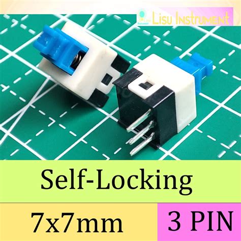 jual 7 7mm 7x7mm self locking switch 3 feet pin push hold button saklar