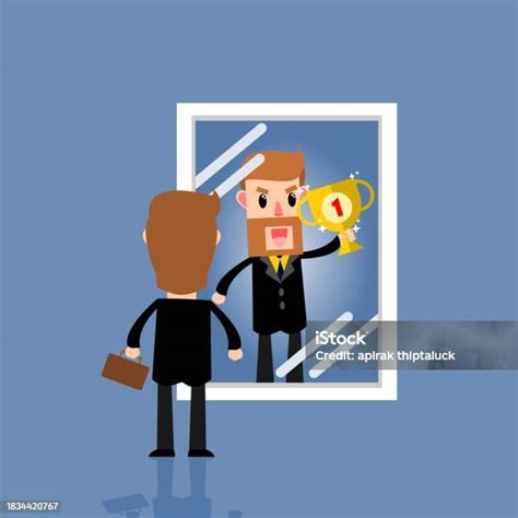 거울에 비친 자신의 모습을 제대로 보고 있는 사업가 사업가는 승자로 성장하는 꿈을 꿉니다 트로피를 들고 있는 남자 사업 개념 벡터 일러스트 레이 션 개념에 대한 스톡 벡터