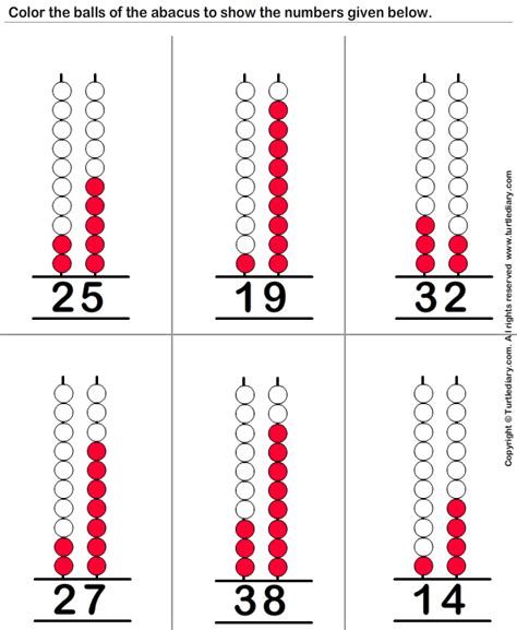 Represent Two Digit Numbers On Abacus By Coloring Balls Worksheet