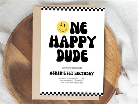 One Happy Dude Invitation Boy 1st Birthday Smiley Face Invite First