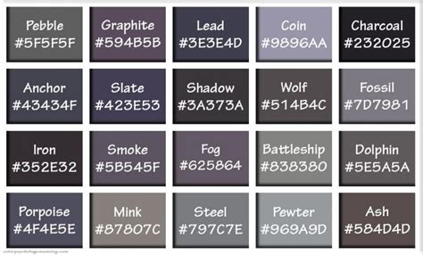 Shades Of Gray And Names With Hex Rgb Color Codes
