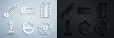 방패 타이어 휠 기어 시프터 브레이크 디스크 캘리퍼 오디오 및 충격 흡수 아이콘으로 자동차를 설정합니다 벡터 3차원 형태에 대한 스톡 벡터 아트 및 기타 이미지 Istock