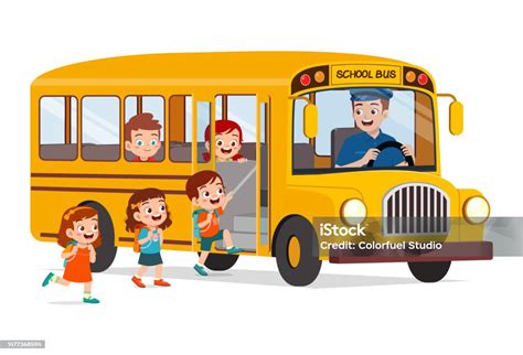 어린 아이들 소년과 소녀는 스쿨 버스를 타고 학교에 간다 통학 버스에 대한 스톡 벡터 아트 및 기타 이미지 통학 버스 버스 학교 건물 Istock