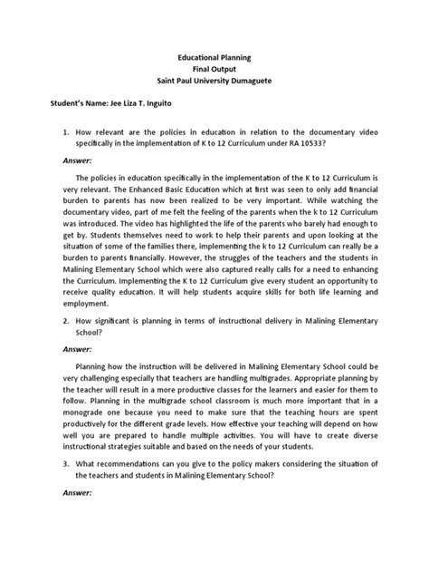Educational Planning Final Output Saint Paul University Dumaguete Educational Planning Final Output Saint Paul University Dumaguete