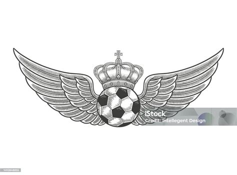 날개와 왕관이 달린 축구공 빈티지 인그레이빙 드로잉 스타일 벡터 일러스트레이션 0명에 대한 스톡 벡터 아트 및 기타 이미지