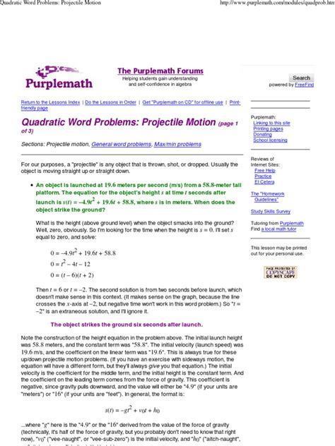 Quadratic Word Problems Projectile Motion Download Free Pdf Gravity Quadratic Equation