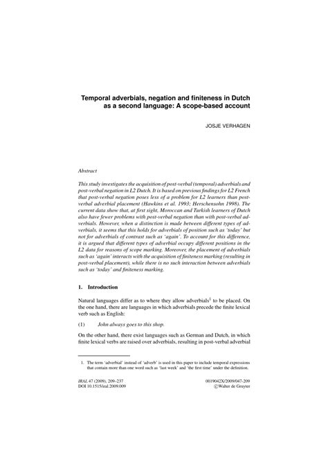 Pdf Temporal Adverbials Negation And Finiteness In Dutch As A Second