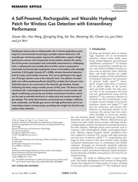 A Self‐powered Rechargeable And Wearable Hydrogel Patch For Wireless Gas Detection With