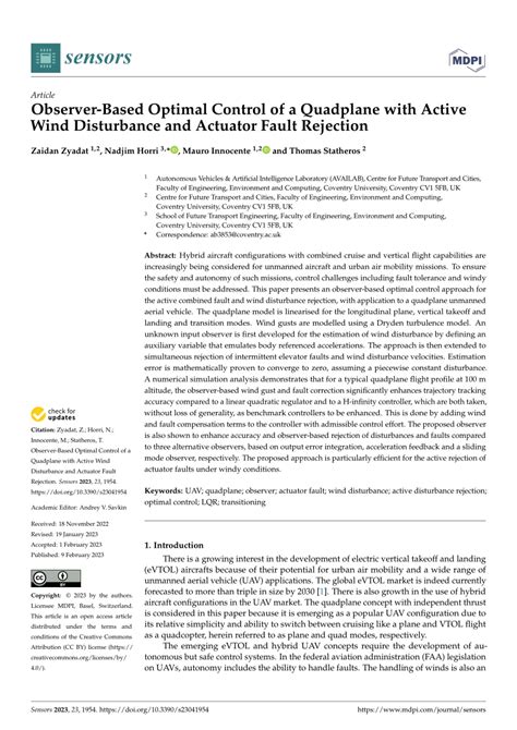 Pdf Observer Based Optimal Control Of A Quadplane With Active Wind