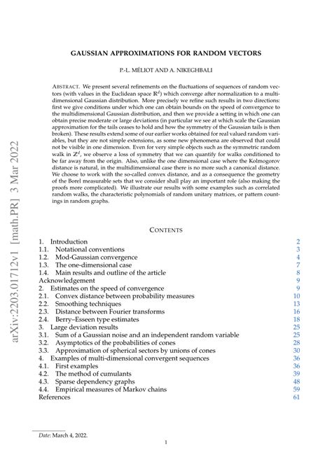 Pdf Gaussian Approximations For Random Vectors