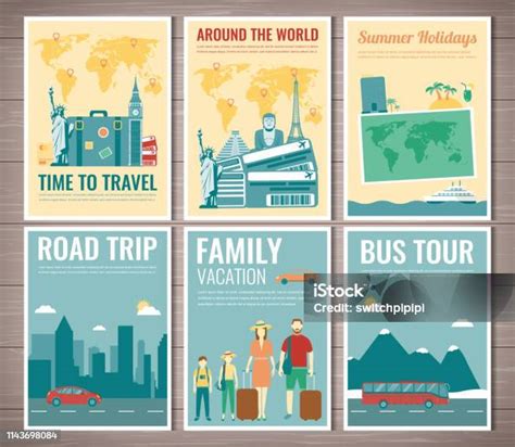 여행 및 관광 브로셔 세트 잡지 포스터 책 표지 배너 전단지의 템플릿입니다 벡터 복고풍에 대한 스톡 벡터 아트 및 기타 이미지 복고풍 여행 주제 포스터 Istock