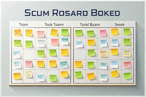 White Scrum Board Filled With Sticky Notes Displaying Tasks And Project