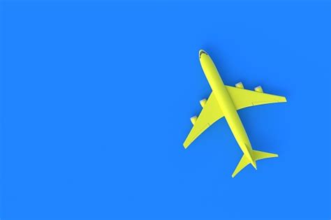 파란색 배경에 현대 여객기 전세 항공편 항공 운송 국제 항공사 휴가 관광 여행 공간을 복사합니다 맨 위 보기입니다 3d 렌더링