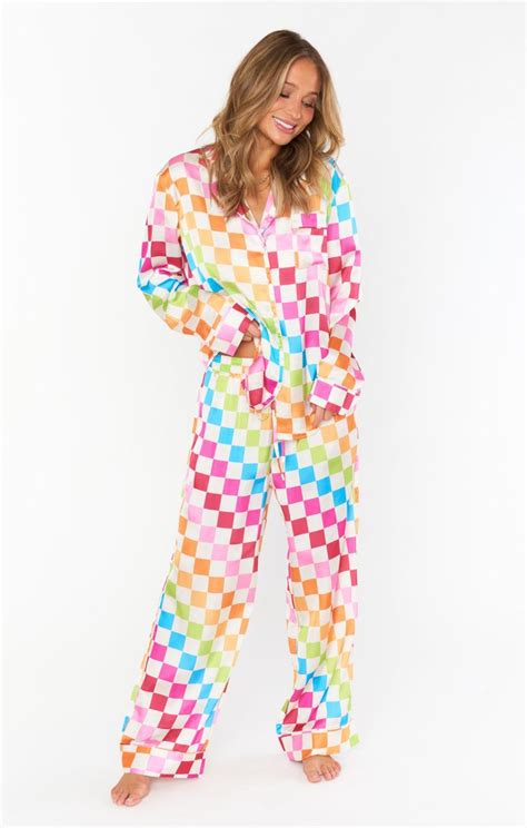Classic Pj Set ~ Multi Checker Silky Long Sleeve Shirt Tops Pj Sets