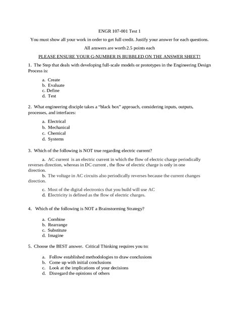 40 Multiple Choice Questions On Introduction To Engineering Engr 107 Exams Engineering Docsity