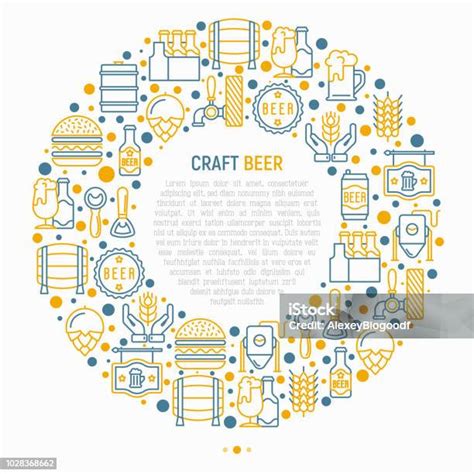 얇은 선 아이콘 원에 맥주 개념 Octoberfest 관련 맥주 팩 홉 밀 병따개 제조 양조 튤립 유리 거품과 매기 인쇄 매체에 대 한 벡터 일러스트입니다 0명에 대한 스톡