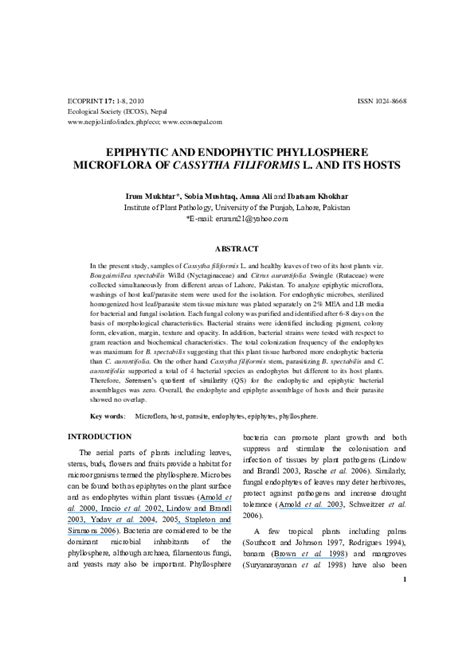 Pdf Epiphytic And Endophytic Phyllosphere Microflora Of Cassytha Filiformis L And Its Hosts