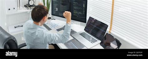 Software Development Concept Male Programmer Excited And Raise Arms After Successful