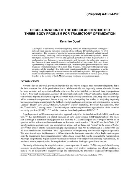 Pdf Regularization Of The Circular Restricted Three Body Problem For Trajectory Optimization