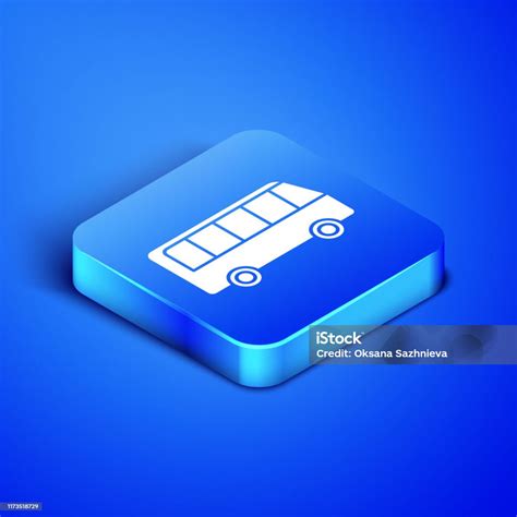 파란색 배경에 격리된 등각 투영 버스 아이콘입니다 교통 개념입니다 버스 투어 교통 표지판 관광 또는 공공 차량 기호입니다 파란색 사각형 버튼입니다 벡터 일러스트레이션 관광에