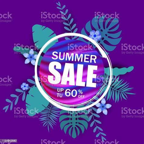 여름 판매 배너 야자수 잎 정글 잎 그라데이션 홀로그램 포스터 꽃 열 대 여름 배경입니다 벡터 일러스트 레이 션 템플릿 가격에 대한 스톡 벡터 아트 및 기타 이미지 Istock