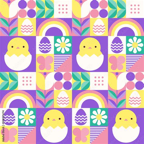 Geometric Easter Pattern With Cute Chick And Rainbow