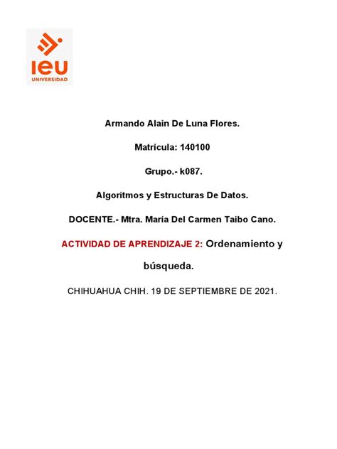 Actividad De Aprendizaje 2 Ordenamiento Y Búsqueda Pdf División Matemáticas Informática