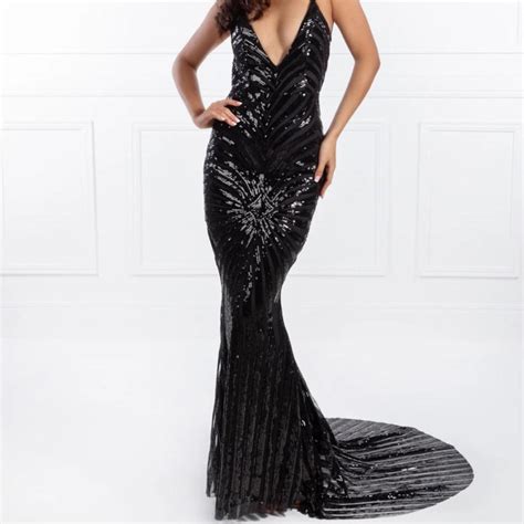 Black Sequin Maxi Dress With Open Back And Straps Depop