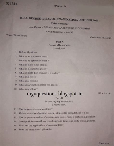 Mgu Bca Degree Semester 3 Design And Analysis Of Algorithms 2015