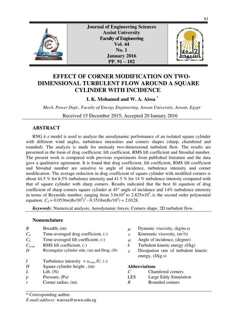Pdf Effect Of Corner Modification On Two Dimensional Turbulent Flow Around A Square Cylinder
