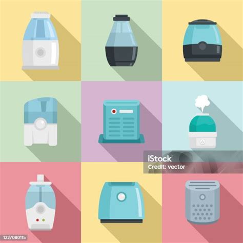 공기 청정기 아이콘 세트 플랫 스타일 그림자에 대한 스톡 벡터 아트 및 기타 이미지 그림자 기포 기후 묘사 Istock