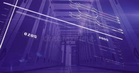 data processing animation over server racks in data center stock