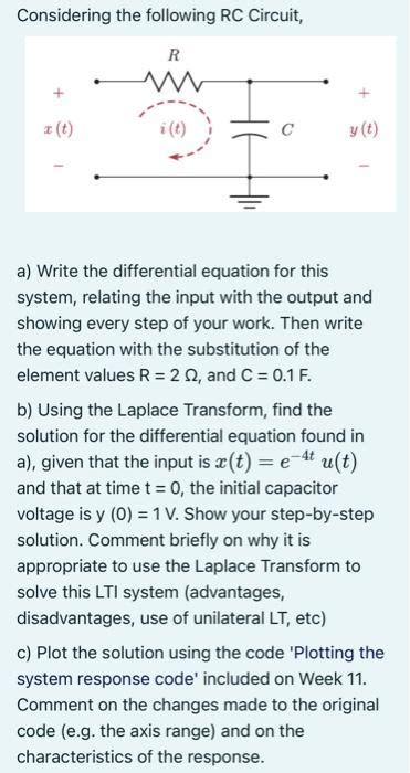 Solved Considering The Following RC Circuit A Write The Chegg
