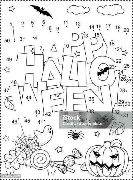 해피 할로윈 인사말 도트 투 도트 그림 퍼즐 및 색칠 공부 페이지 포스터 표지판 또는 배너 흑백 활동 시트 할로윈에 대한 스톡