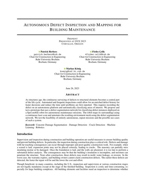 Pdf Autonomous Defect Inspection And Mapping For Building Maintenance