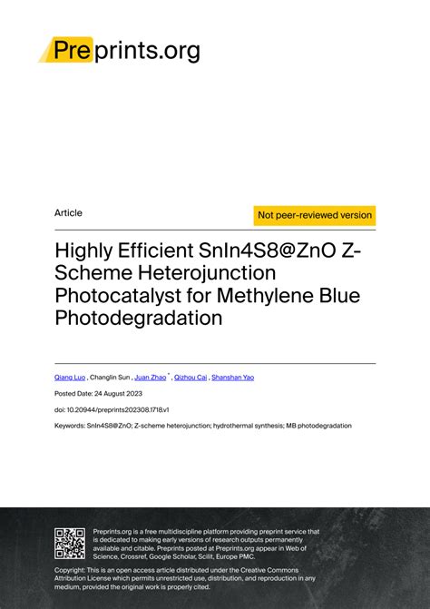 Pdf Highly Efficient Snin4s8zno Z Scheme Heterojunction