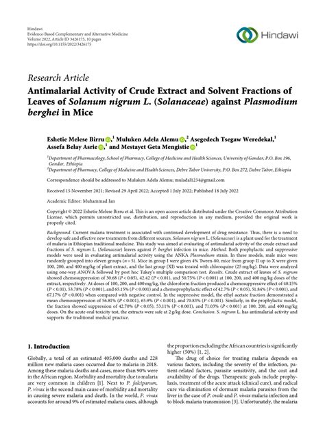 Pdf Antimalarial Activity Of Crude Extract And Solvent Fractions Of